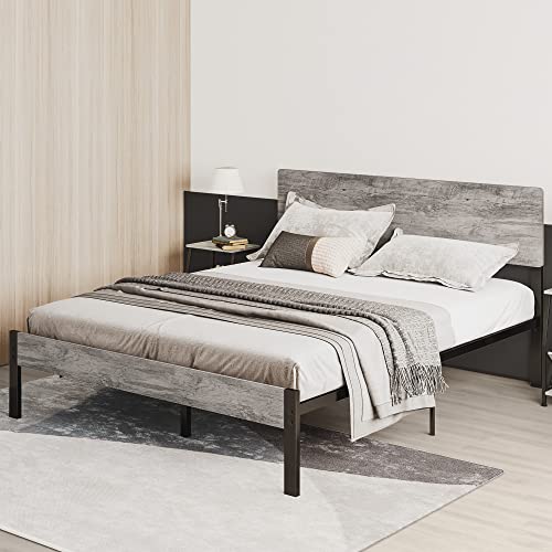 LIKIMIO Full Size Bed Frame, Metal Bed Frame Full with Headboard and Strong Steel Slat Support, Easy Assembly, No Box Spring Needed, Industrial Gray