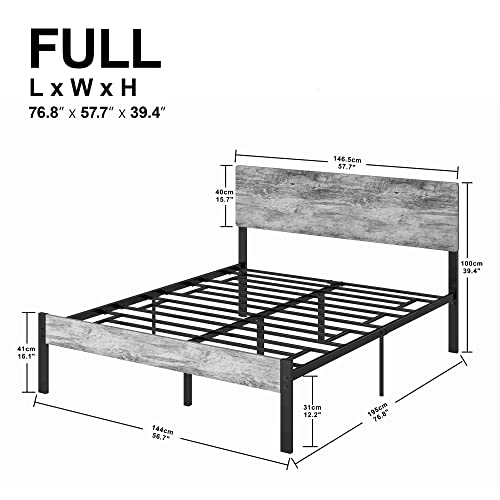 LIKIMIO Full Size Bed Frame, Metal Bed Frame Full with Headboard and Strong Steel Slat Support, Easy Assembly, No Box Spring Needed, Industrial Gray