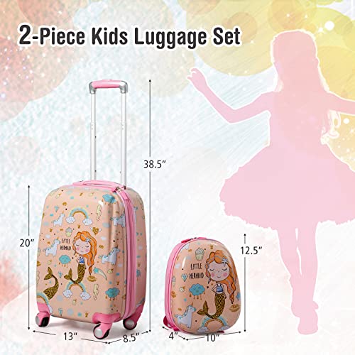 BABY JOY 2 PC Kids Carry On Luggage Set, 12” Backpack & 18” Toddler Suitcase, Hard Shell Travelling Case & Backpack w/ 4 Rotating Casters, Cute Rolling Trolley Case for Boys & Girls (Mermaid)