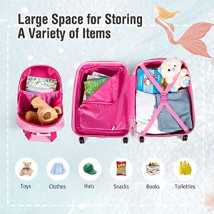 BABY JOY 2 PC Kids Carry On Luggage Set, 12” Backpack & 18” Toddler Suitcase, Hard Shell Travelling Case & Backpack w/ 4 Rotating Casters, Cute Rolling Trolley Case for Boys & Girls (Mermaid)