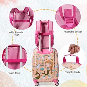 BABY JOY 2 PC Kids Carry On Luggage Set, 12” Backpack & 18” Toddler Suitcase, Hard Shell Travelling Case & Backpack w/ 4 Rotating Casters, Cute Rolling Trolley Case for Boys & Girls (Mermaid)