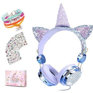 svyhuok unicorn kids headphones for girls children teens,cute cat ear wired headphones w/microphone 3.5mm jack, over on ear headset for school birthday xmas unicorn gift (princess blue)