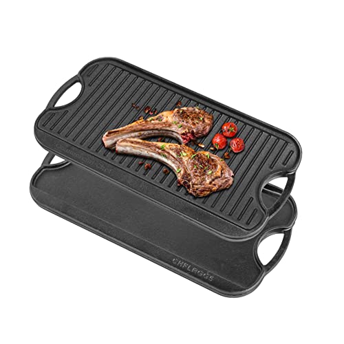 Commercial CHEF Cast Iron Griddle, Reversible Grill Griddle with Dual Handles for Stove, Oven and Outdoors