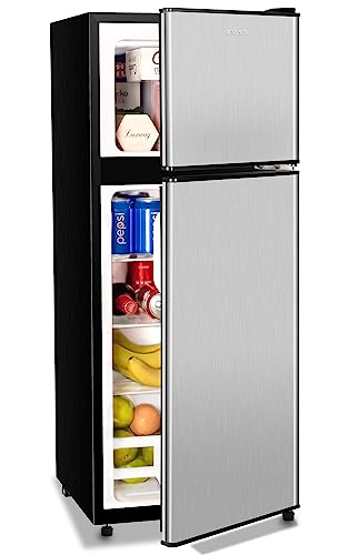 Anukis Compact Refrigerator 4.0 Cu Ft 2 Door Mini Fridge with Freezer For Apartment, Dorm, Office, Family, Basement, Garage, Silver