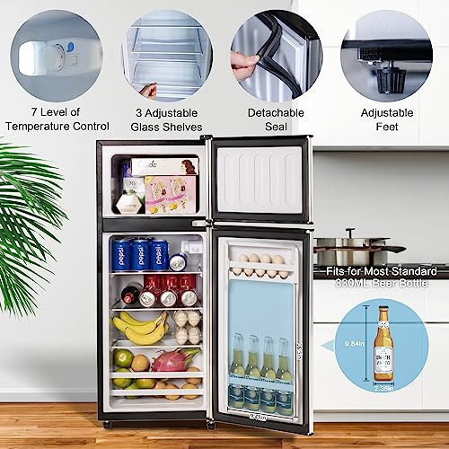 Anukis Compact Refrigerator 4.0 Cu Ft 2 Door Mini Fridge with Freezer For Apartment, Dorm, Office, Family, Basement, Garage, Silver