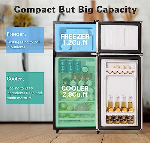 Anukis Compact Refrigerator 4.0 Cu Ft 2 Door Mini Fridge with Freezer For Apartment, Dorm, Office, Family, Basement, Garage, Silver