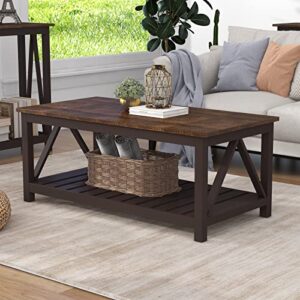 choochoo farmhouse coffee table, rustic vintage living room table with shelf, 40 espresso