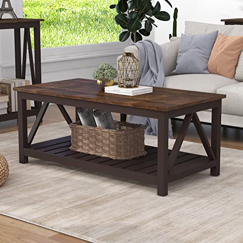 ChooChoo Farmhouse Coffee Table, Rustic Vintage Living Room Table with Shelf, 40 Espresso