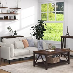 ChooChoo Farmhouse Coffee Table, Rustic Vintage Living Room Table with Shelf, 40 Espresso