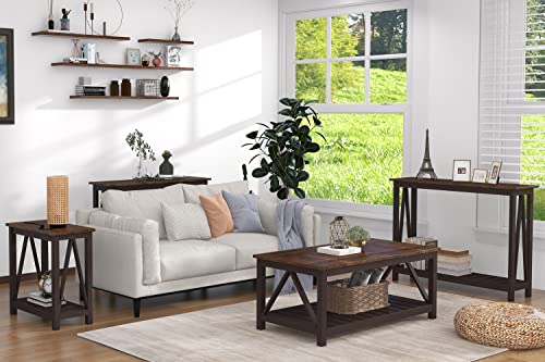 ChooChoo Farmhouse Coffee Table, Rustic Vintage Living Room Table with Shelf, 40 Espresso