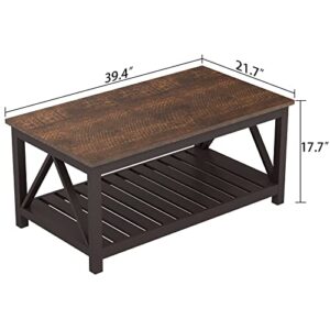 ChooChoo Farmhouse Coffee Table, Rustic Vintage Living Room Table with Shelf, 40 Espresso