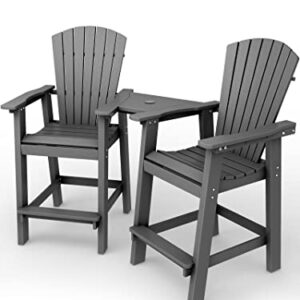 KINGYES Balcony Chair Tall Adirondack Chair Set of 2 Outdoor Adirondack Barstools with Connecting Tray - Patio Stools Weather Resistant for Deck Balcony Pool Backyard, Gray