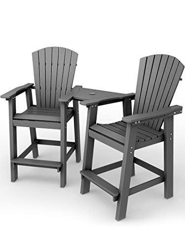 KINGYES Balcony Chair Tall Adirondack Chair Set of 2 Outdoor Adirondack Barstools with Connecting Tray - Patio Stools Weather Resistant for Deck Balcony Pool Backyard, Gray