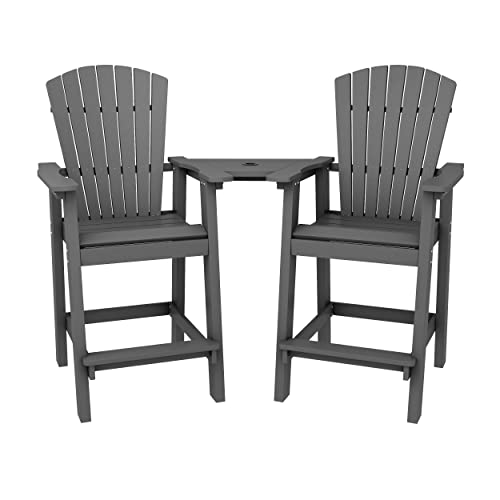 KINGYES Balcony Chair Tall Adirondack Chair Set of 2 Outdoor Adirondack Barstools with Connecting Tray - Patio Stools Weather Resistant for Deck Balcony Pool Backyard, Gray