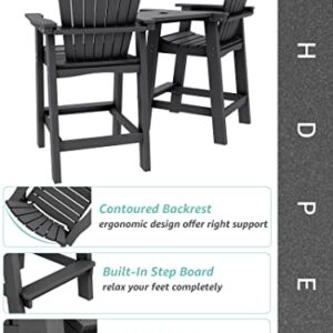 KINGYES Balcony Chair Tall Adirondack Chair Set of 2 Outdoor Adirondack Barstools with Connecting Tray - Patio Stools Weather Resistant for Deck Balcony Pool Backyard, Gray