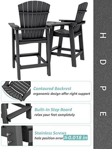 KINGYES Balcony Chair Tall Adirondack Chair Set of 2 Outdoor Adirondack Barstools with Connecting Tray - Patio Stools Weather Resistant for Deck Balcony Pool Backyard, Gray