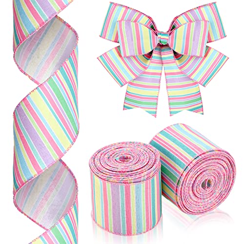 2 Rolls 20 Yards Easter Spring Wired Ribbon Pastel Stripe Canvas Ribbon Horizontal Stripe Wired Edge Ribbon Spring Decorative Ribbon Stripe Craft Ribbon for Wrapping Easter Party Crafting (2.5 Inch)