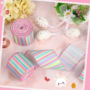 2 Rolls 20 Yards Easter Spring Wired Ribbon Pastel Stripe Canvas Ribbon Horizontal Stripe Wired Edge Ribbon Spring Decorative Ribbon Stripe Craft Ribbon for Wrapping Easter Party Crafting (2.5 Inch)