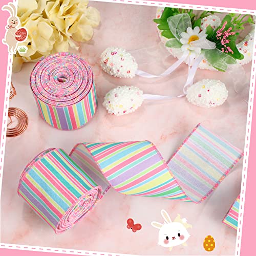 2 Rolls 20 Yards Easter Spring Wired Ribbon Pastel Stripe Canvas Ribbon Horizontal Stripe Wired Edge Ribbon Spring Decorative Ribbon Stripe Craft Ribbon for Wrapping Easter Party Crafting (2.5 Inch)