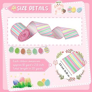 2 Rolls 20 Yards Easter Spring Wired Ribbon Pastel Stripe Canvas Ribbon Horizontal Stripe Wired Edge Ribbon Spring Decorative Ribbon Stripe Craft Ribbon for Wrapping Easter Party Crafting (2.5 Inch)