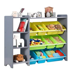 mallbest 4-tier kids' toy storage organizer shelf - 100% solid wood,children's storage cabinet with 9 plastic bins and and 3 storage ports (grey)