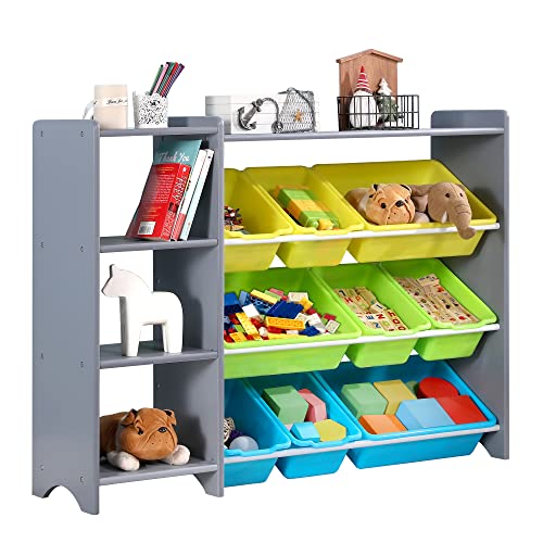 MallBest 4-Tier Kids' Toy Storage Organizer Shelf - 100% Solid Wood,Children's Storage Cabinet with 9 Plastic Bins and and 3 Storage Ports (Grey)