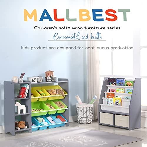 MallBest 4-Tier Kids' Toy Storage Organizer Shelf - 100% Solid Wood,Children's Storage Cabinet with 9 Plastic Bins and and 3 Storage Ports (Grey)