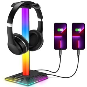 simoeffi upgraded rgb gaming headphones stand, headset stand with 3.5mm aux and 2 usb charging ports, headphone holder with 10 light modes and memory feature for gamers pc earphone accessories desk