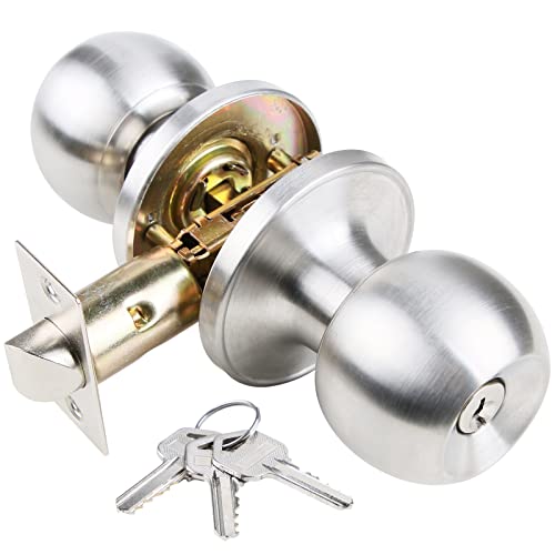 Door Knob with Key for Bedroom Door Locks with Keys, Stainless Steel Doorknob with Lock and Key, Ball Door Handle with Key, High Security 3-Year Warranty