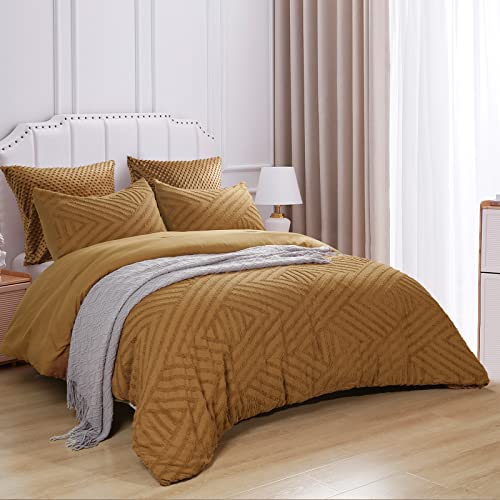 PHF Tufted Jacquard Comforter Sets Queen-3 Pieces Bed in A Bag Boho Comforter Set for Fall and Winter-Comfy Warm Textured Chenille Bedding Set Include Comforter and Pillow Shams, Light Caramel