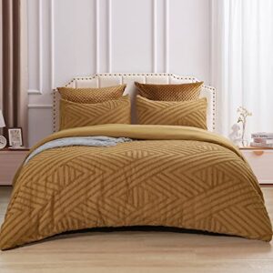 PHF Tufted Jacquard Comforter Sets Queen-3 Pieces Bed in A Bag Boho Comforter Set for Fall and Winter-Comfy Warm Textured Chenille Bedding Set Include Comforter and Pillow Shams, Light Caramel