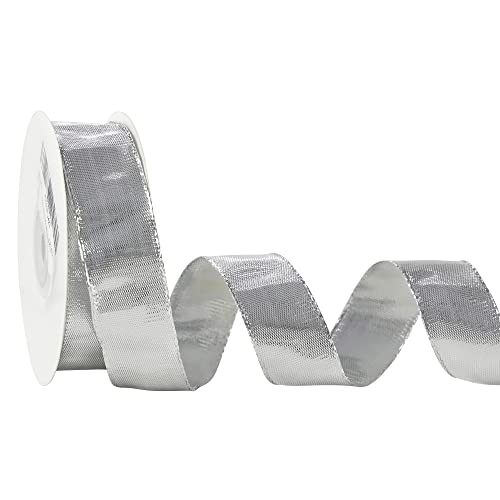 MEEDEE Silver Ribbon Wired Woven Metallic Ribbon 1 inch Silver Wired Ribbon Silver Metallic Ribbon for Gift Wrapping, Gift Bows, DIY Crafts, Graduation Baskets, Wedding, Party Decorations (25 Yards)