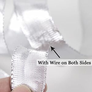 MEEDEE Silver Ribbon Wired Woven Metallic Ribbon 1 inch Silver Wired Ribbon Silver Metallic Ribbon for Gift Wrapping, Gift Bows, DIY Crafts, Graduation Baskets, Wedding, Party Decorations (25 Yards)