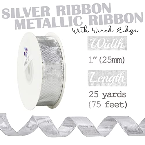 MEEDEE Silver Ribbon Wired Woven Metallic Ribbon 1 inch Silver Wired Ribbon Silver Metallic Ribbon for Gift Wrapping, Gift Bows, DIY Crafts, Graduation Baskets, Wedding, Party Decorations (25 Yards)