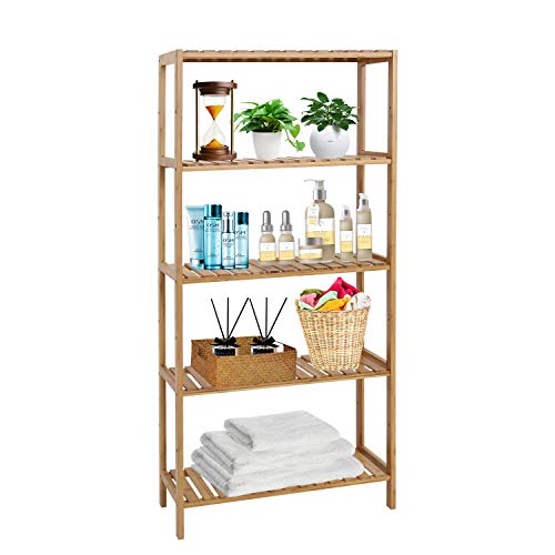 Kinsuite 5-Tier Bamboo Bathroom Shelf - Free Standing Storage Organizer Rack Multifunctional Utility Shelf Natural