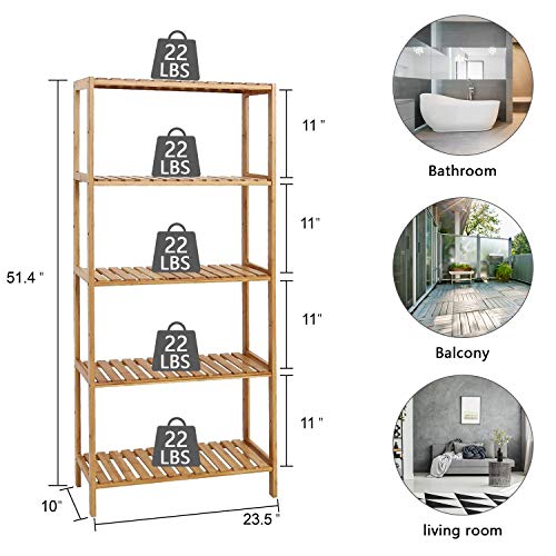 Kinsuite 5-Tier Bamboo Bathroom Shelf - Free Standing Storage Organizer Rack Multifunctional Utility Shelf Natural