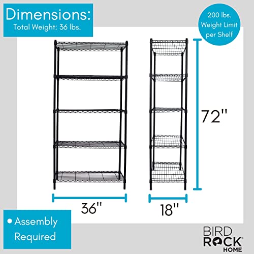 BIRDROCK HOME 5-Tier Wire Shelving, Flat Black, Heavy Duty Shelf, Wide Adjustable Rack Unit, Kitchen Storage