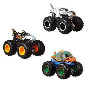 hot wheels monster trucks creature 3-pack, 1:64 scale toy trucks: shark wreak, piran-ahh & mega-wrex