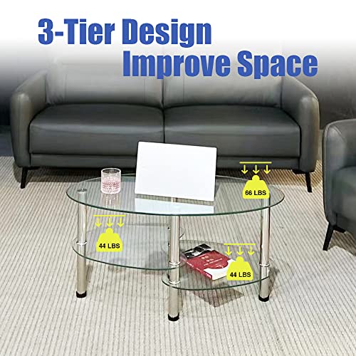 Oval-Shaped Glass Tea Table for Office, 3-Tier Modern Coffee Table, End Table for Living Room (Clear)