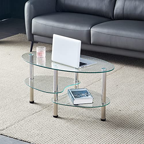 Oval-Shaped Glass Tea Table for Office, 3-Tier Modern Coffee Table, End Table for Living Room (Clear)