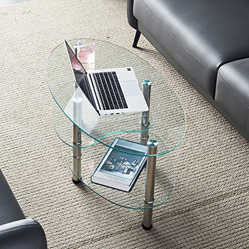 Oval-Shaped Glass Tea Table for Office, 3-Tier Modern Coffee Table, End Table for Living Room (Clear)