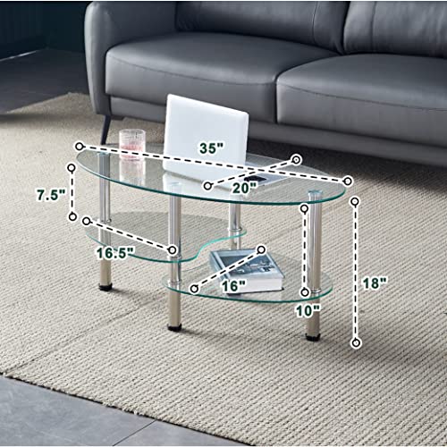 Oval-Shaped Glass Tea Table for Office, 3-Tier Modern Coffee Table, End Table for Living Room (Clear)