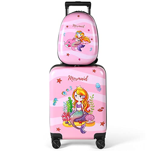 Kids Luggage and Backpack 18" Suitcase with Spinner Wheel Hard Case Travel Suitcase 13" Backpack Girl Suitcase Set for Kid Travel Suitcase Supplies (Pink, Mermaid Style)