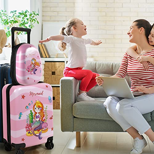 Kids Luggage and Backpack 18" Suitcase with Spinner Wheel Hard Case Travel Suitcase 13" Backpack Girl Suitcase Set for Kid Travel Suitcase Supplies (Pink, Mermaid Style)