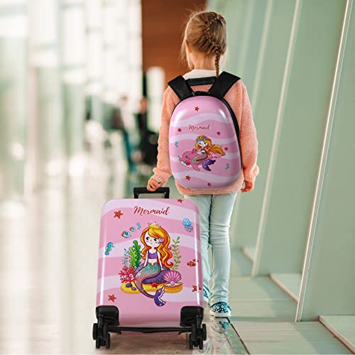 Kids Luggage and Backpack 18" Suitcase with Spinner Wheel Hard Case Travel Suitcase 13" Backpack Girl Suitcase Set for Kid Travel Suitcase Supplies (Pink, Mermaid Style)