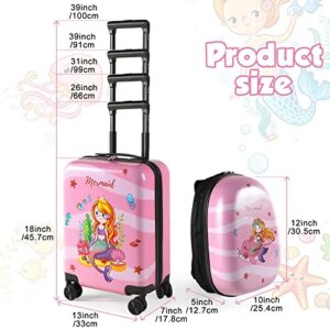 Kids Luggage and Backpack 18" Suitcase with Spinner Wheel Hard Case Travel Suitcase 13" Backpack Girl Suitcase Set for Kid Travel Suitcase Supplies (Pink, Mermaid Style)