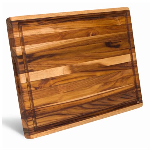 Extra Large Teak Wood Cutting Board, [Edge Grain, 20"L x 15"W x 1.5"T] Juice Groove, Reversible, Hand Grips by Shumaru California