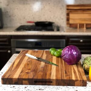 Extra Large Teak Wood Cutting Board, [Edge Grain, 20"L x 15"W x 1.5"T] Juice Groove, Reversible, Hand Grips by Shumaru California