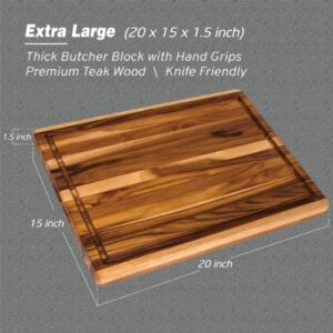 Extra Large Teak Wood Cutting Board, [Edge Grain, 20"L x 15"W x 1.5"T] Juice Groove, Reversible, Hand Grips by Shumaru California