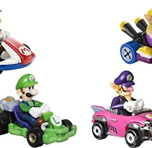 Hot Wheels Mario Kart Vehicle 4-Pack, Set of 4 Fan-Favorite Characters Includes 1 Exclusive Model, Collectible Gift for Kids & Fans Ages 3 Years Old & Up